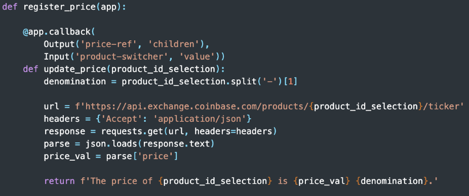 Create a simple charting application using Dash and the Coinbase Exchange API