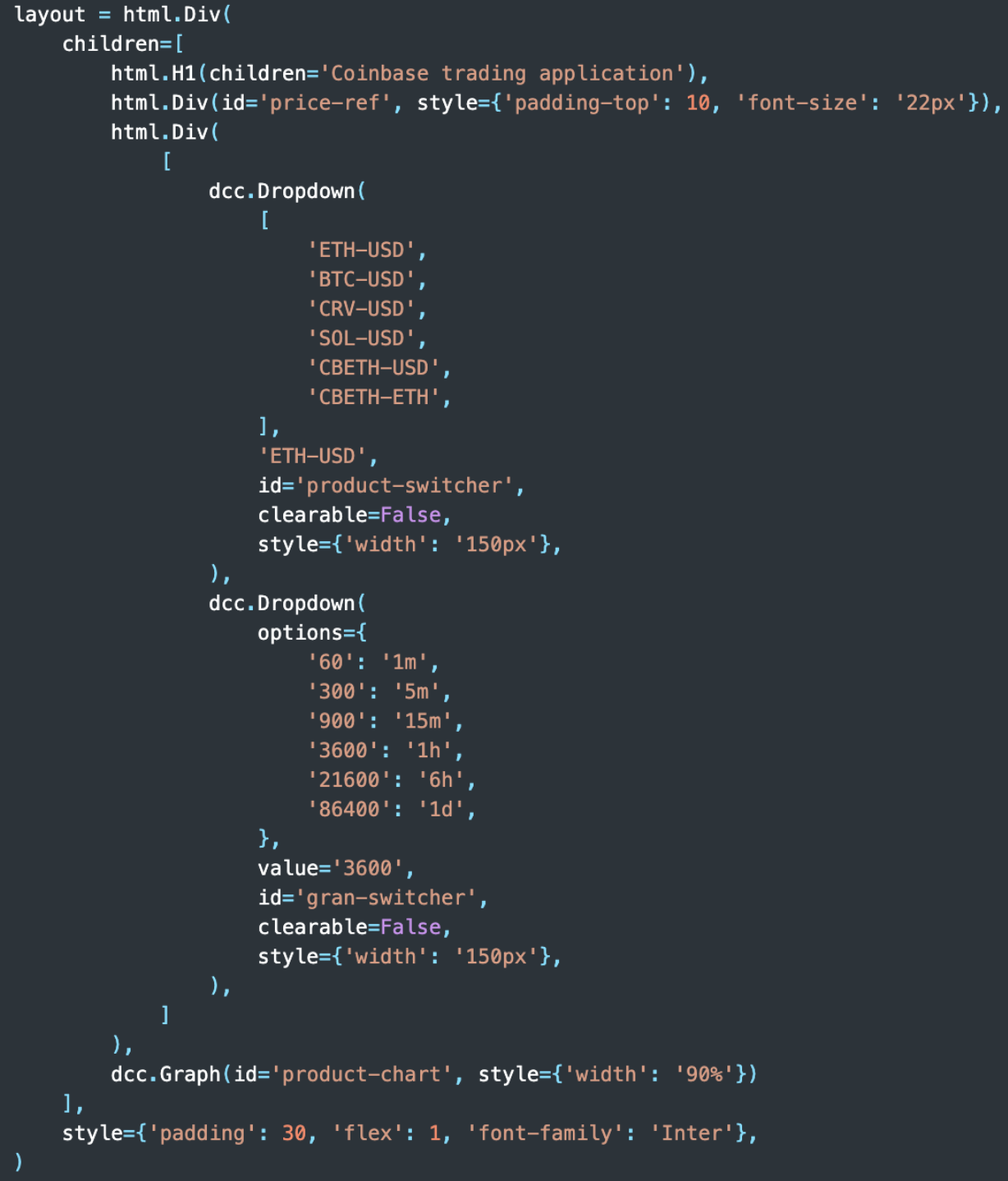 Create a simple charting application using Dash and the Coinbase Exchange API